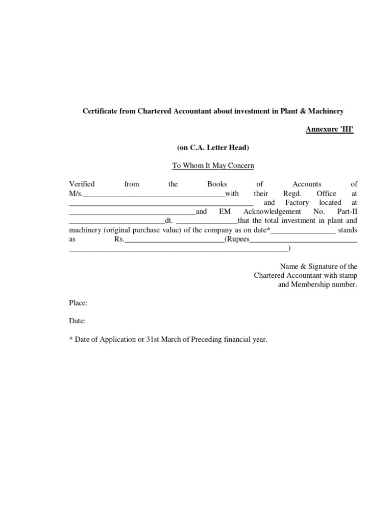 Certificate From Chartered Accountant About Investment in Plant & Machinery Annexure 'III' (On C ...
