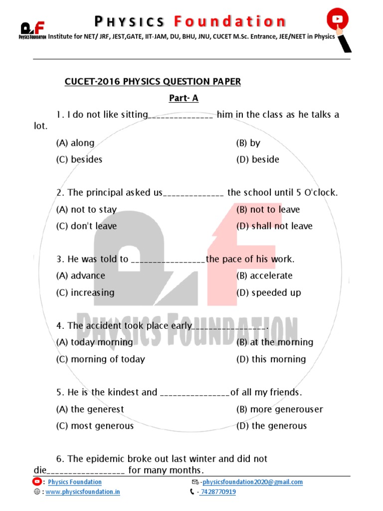 CUCET 2016 Question Paper | PDF | Electron | Heat CUCET 2016 Question Paper | PDF | Electron | Heat
