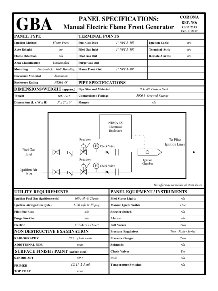 Panel Specifications: Manual Electric Flame Front Generator: Corona ...