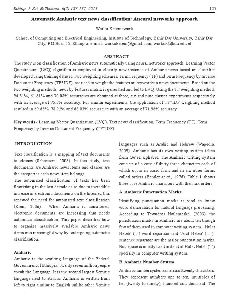 Automatic Amharic Text News Classification Aneural Networks Approach Pdf Statistical