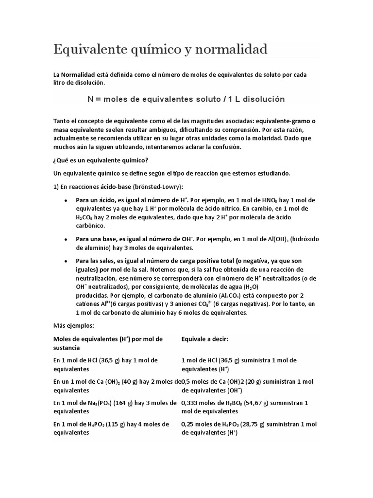 Equivalente Químico y Normalidad | PDF | Concentración | Química