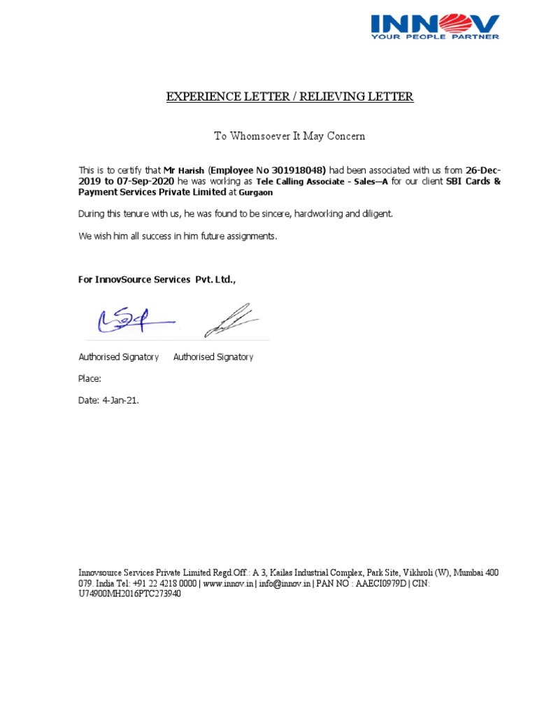 Experience and Relieving Letter for SBI | PDF
