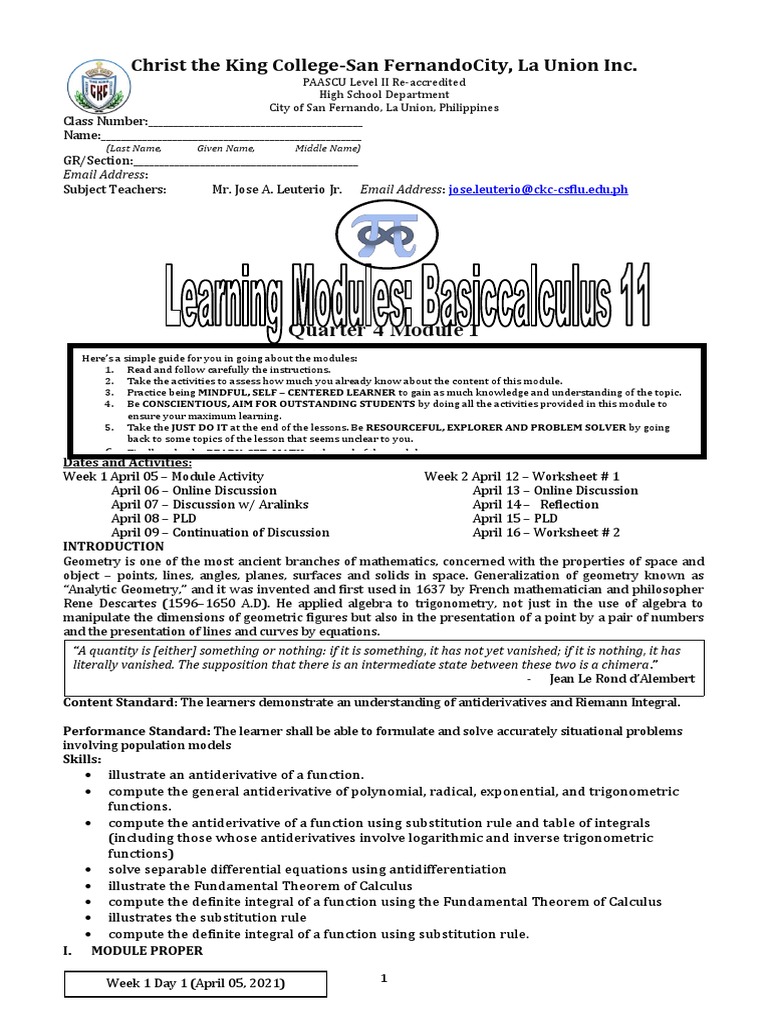 Basiccalculus Quarter 4 Module 1 | PDF | Integral | Function (Mathematics)