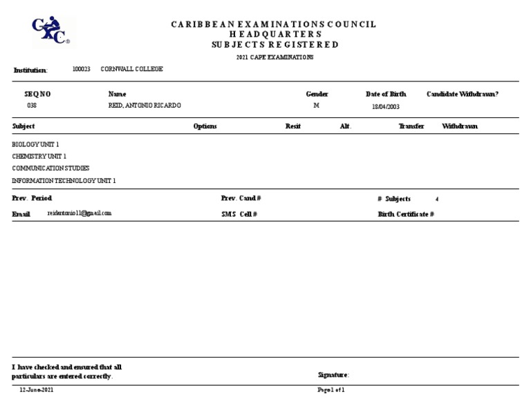 2021 CAPE Examinations Registration Form | PDF