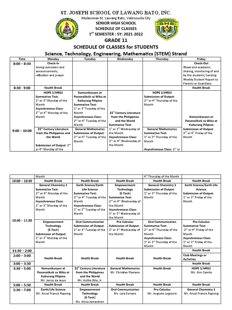 Grade 11 Schedule of Classes For Students Science, Technology ...