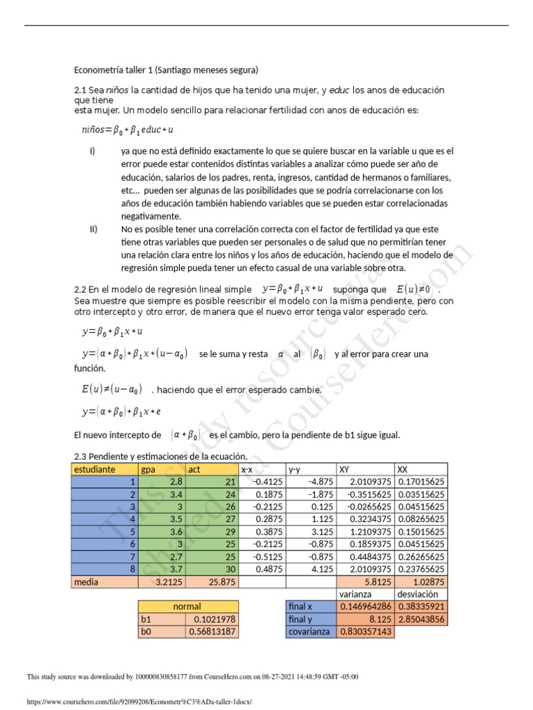 Econometr A Taller 1 | Descargar gratis PDF | Econometría | Teoría estadística