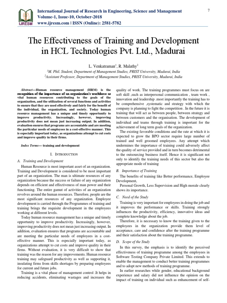 Study of Training and Development at HCL Technologies | PDF | Survey ...