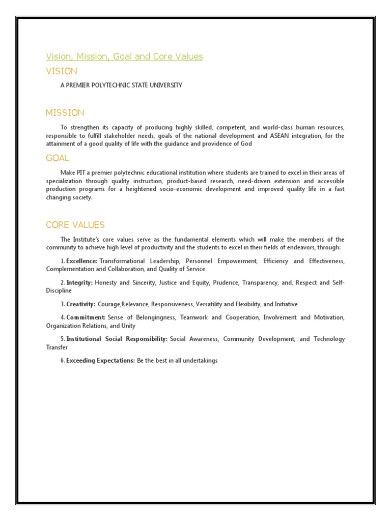 Vision: Vision, Mission, Goal and Core Values | PDF