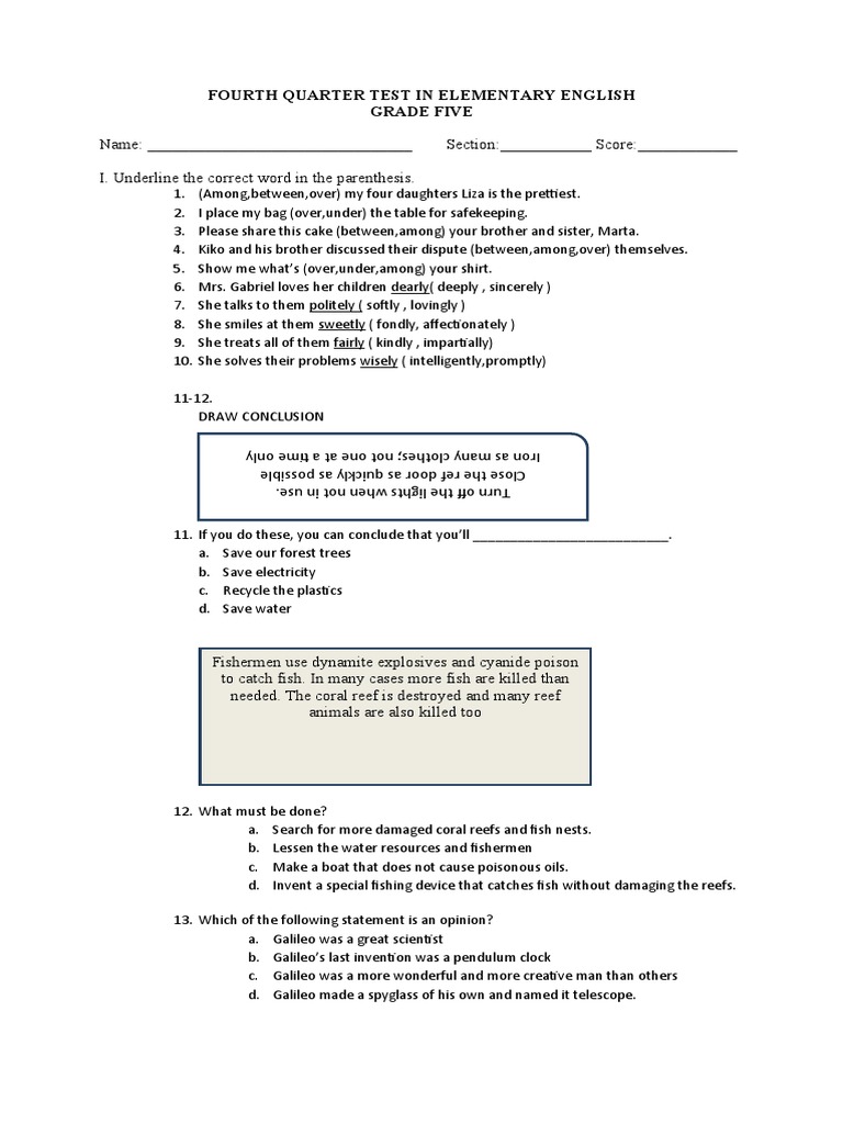 Fourth Quarter Test in Elementary English Grade Five | PDF