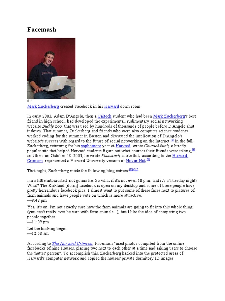 Facemash: Mark Zuckerberg Harvard Caltech Mark Zuckerberg | PDF | Mark ...