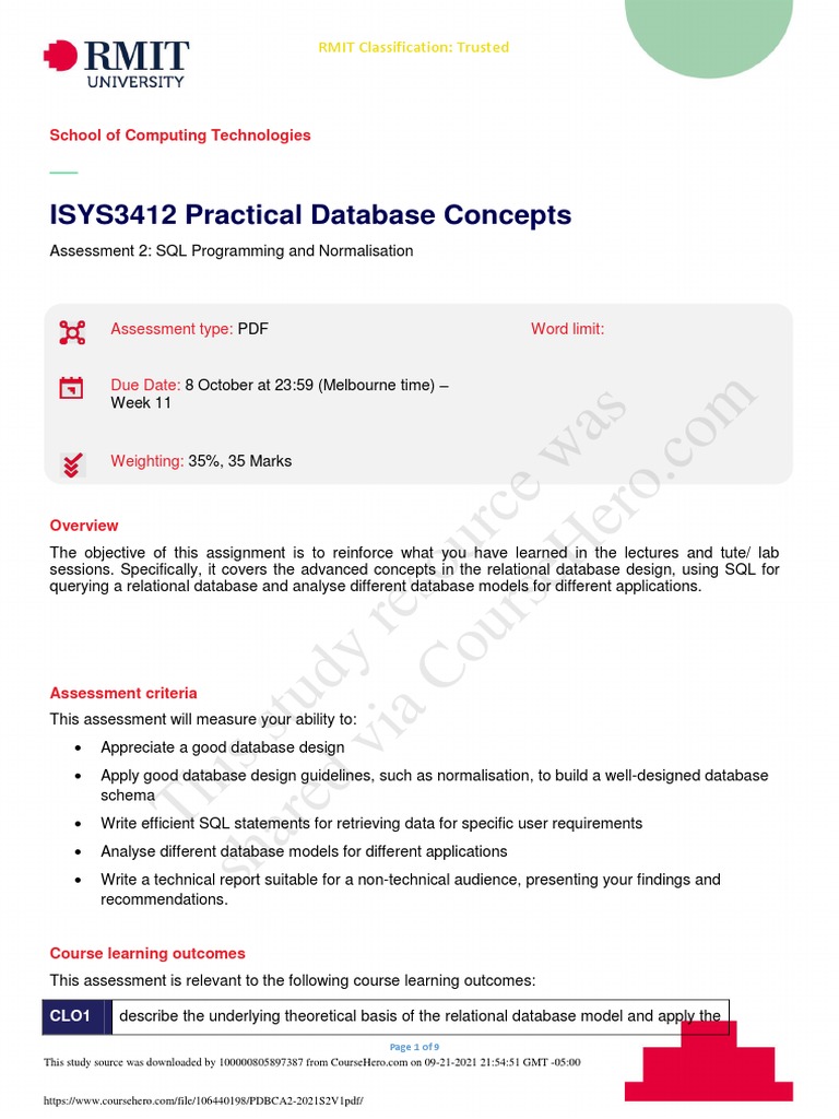 This Study Resource Was: ISYS3412 Practical Database Concepts | PDF | Databases | Relational Model