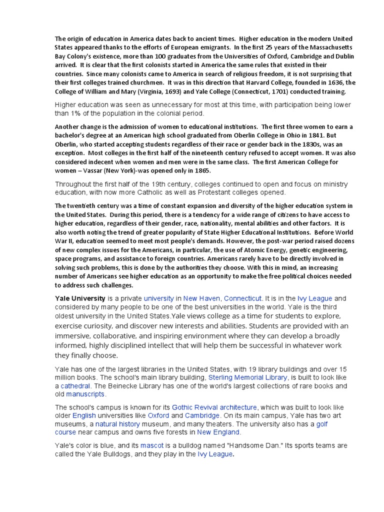 The History of Higher Education in The USA | PDF | Yale University ...