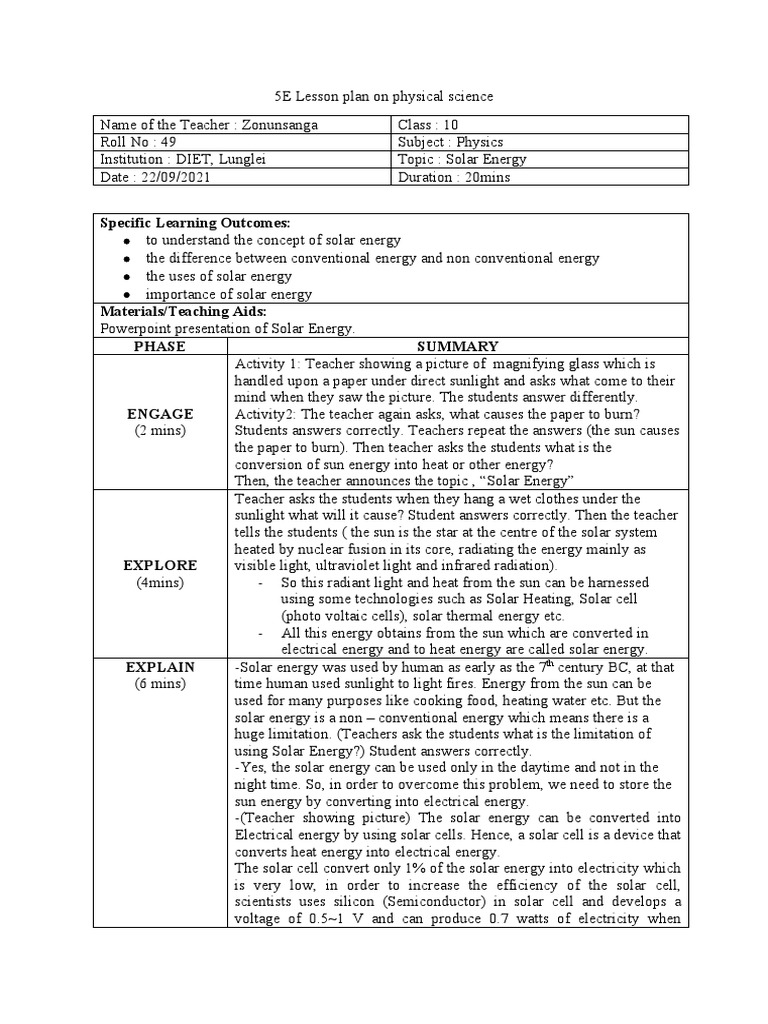 Lesson Plan Solar Energy | PDF | Solar Energy | Solar Cell