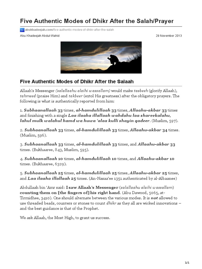 Five Authentic Modes of Dhikr After The Salaah | PDF