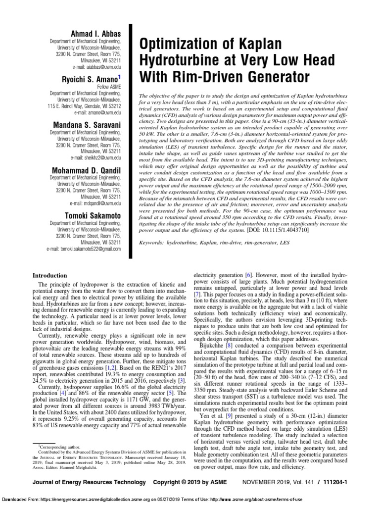 Optimization of Kaplan Hydroturbine at Very Low Head With Rim-Driven ...