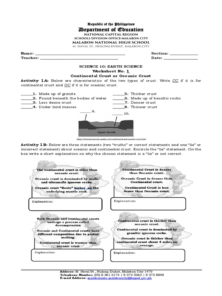 Worksheet 1 Continental Vs Oceanic Crust | PDF | Social Science ...