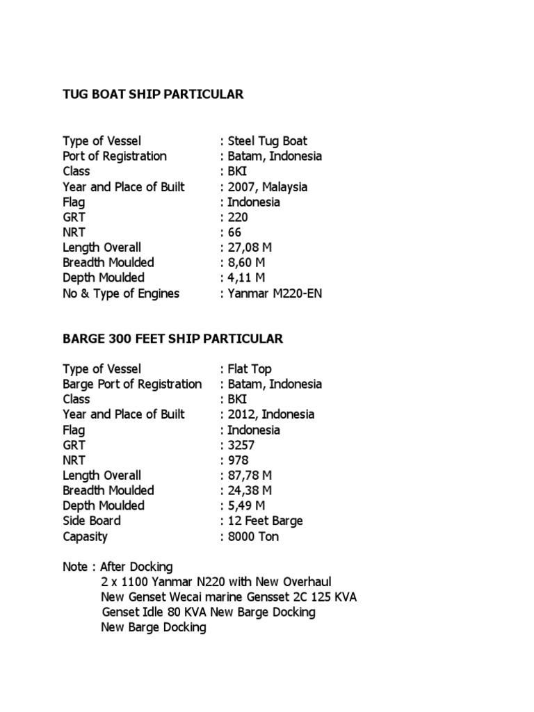 Tug Boat Ship Particular | PDF