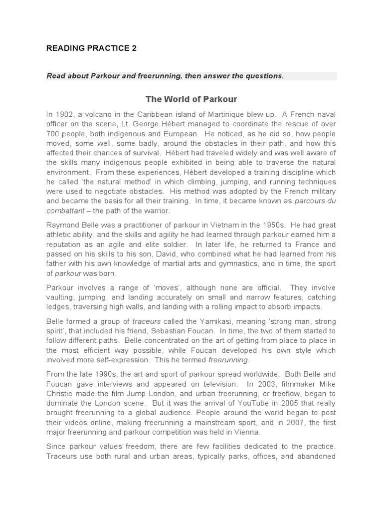 The World of Parkour: Reading Practice 2 | PDF | Recreation