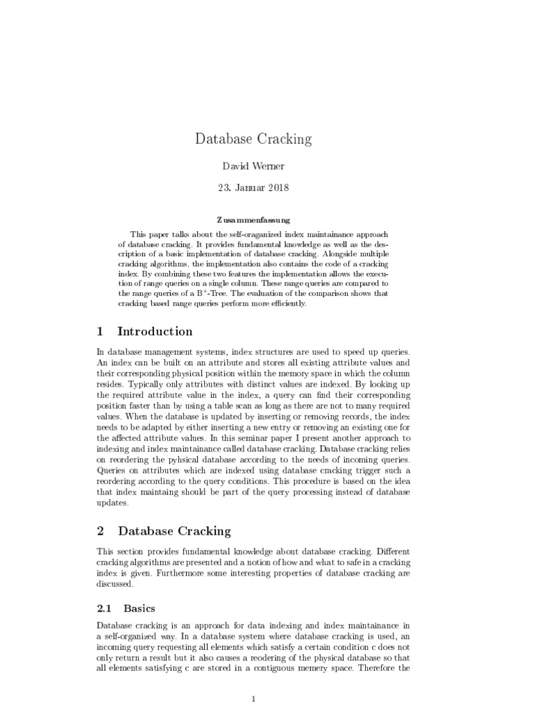 Database Cracking: David Werner 23. Januar 2018 | PDF | Database Index | Databases