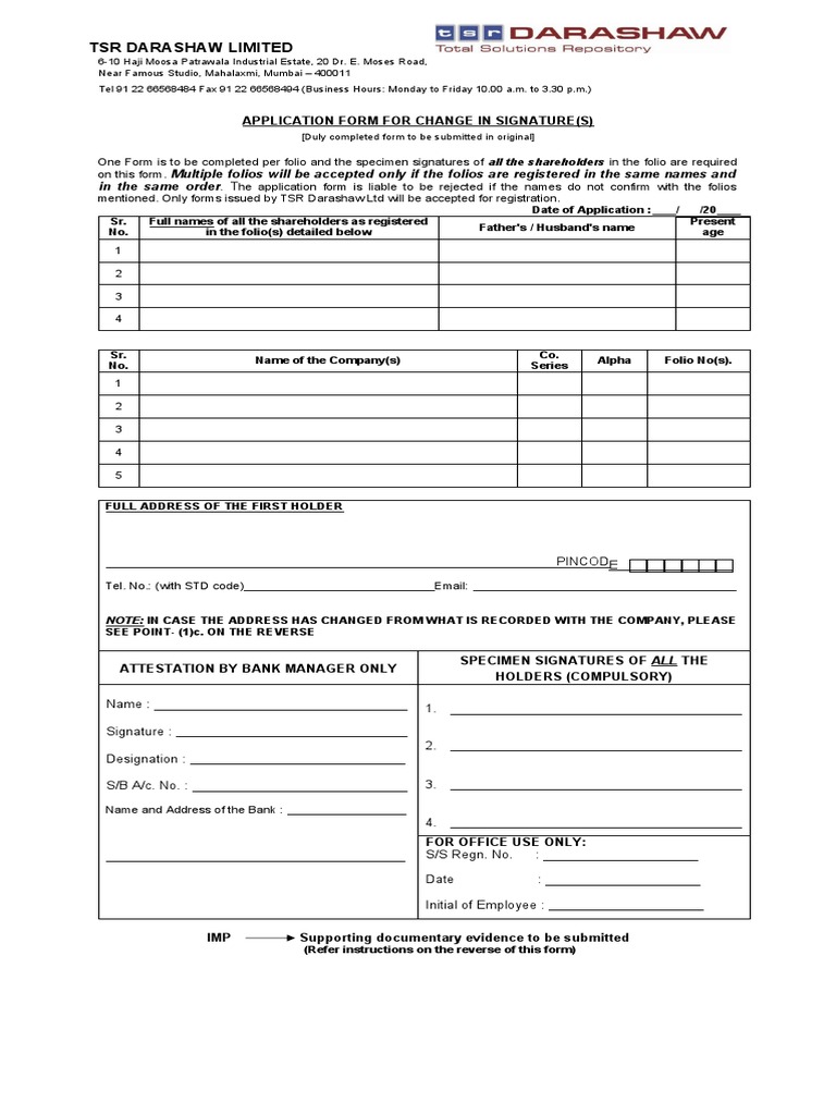 TSR Darashaw Limited: Application Form For Change in Signature (S) | PDF