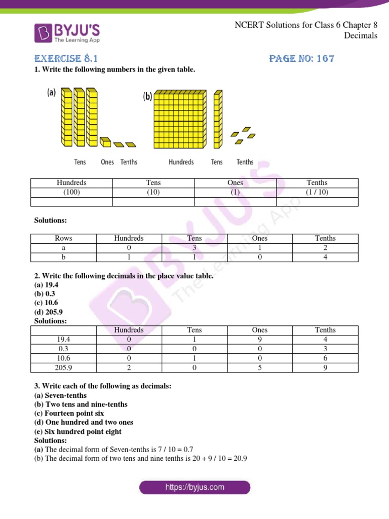 NCERT Solutions For Class 6 Maths Chapter 8 Decimals | PDF | Numbers ...