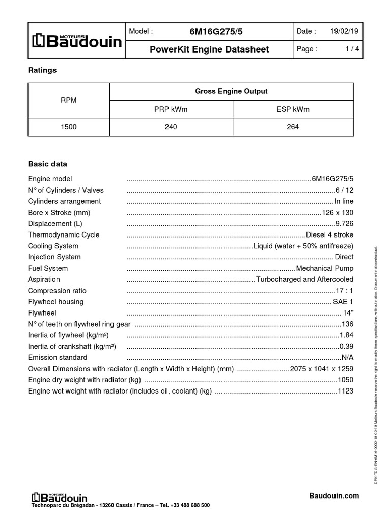 6M16G275/5 Powerkit Engine Datasheet: Ratings | PDF | Engines | Diesel ...