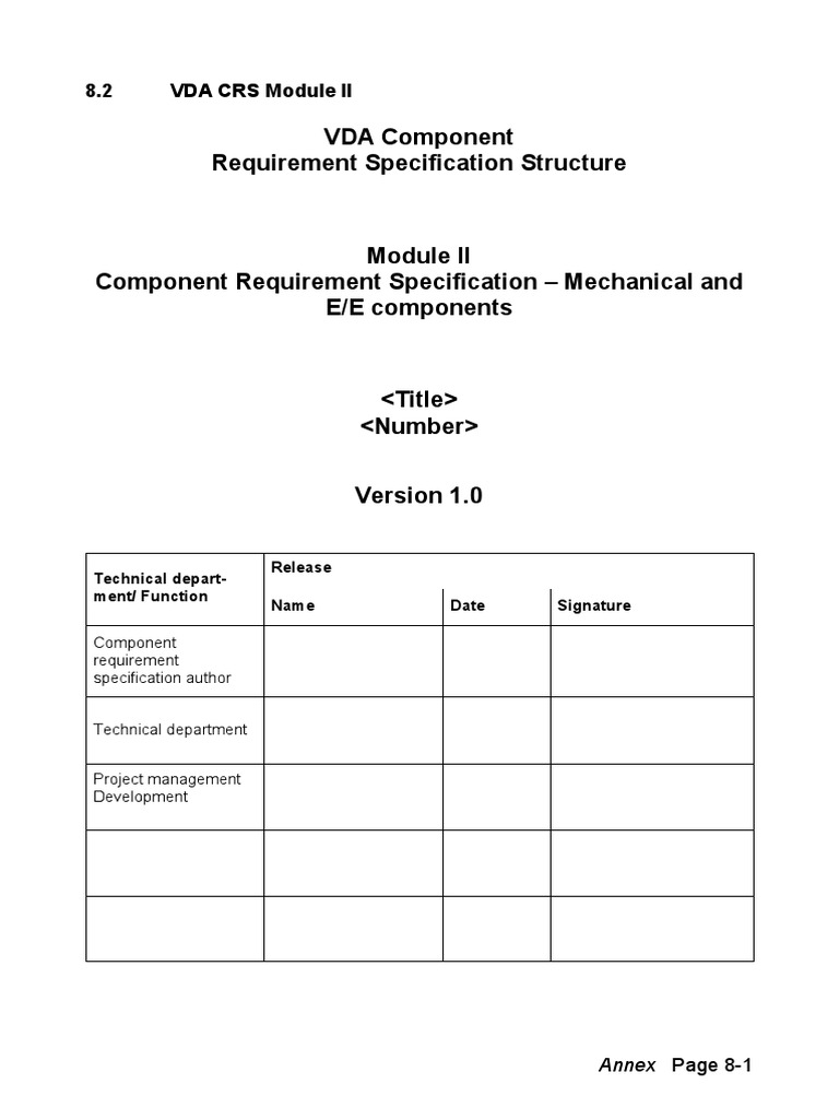 VDA Structur Component Requirement Specification Module II | PDF | Specification (Technical ...