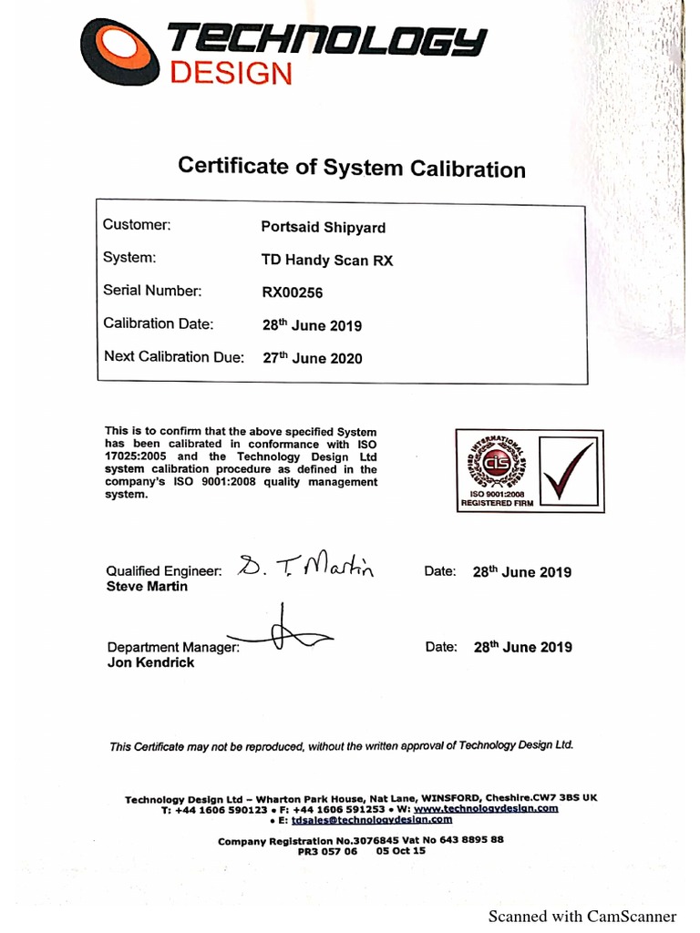 TD HANDY SCAN Calibration Certificate | PDF