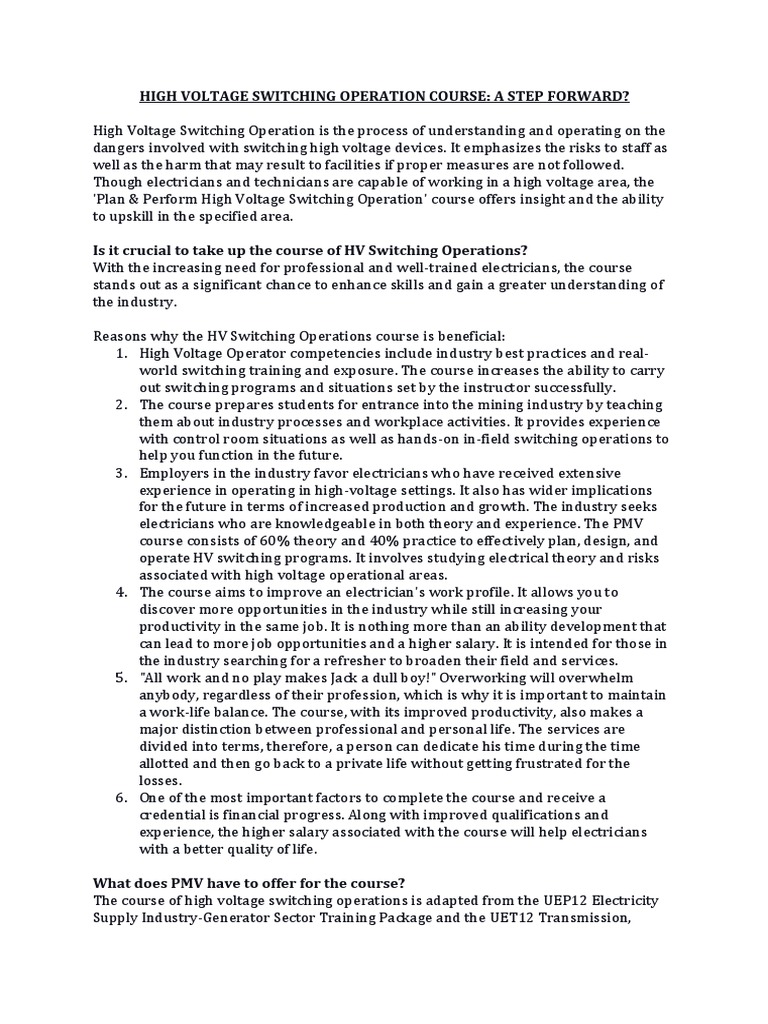 HV Switching Operation Course - PMV | PDF | Electrician | High Voltage