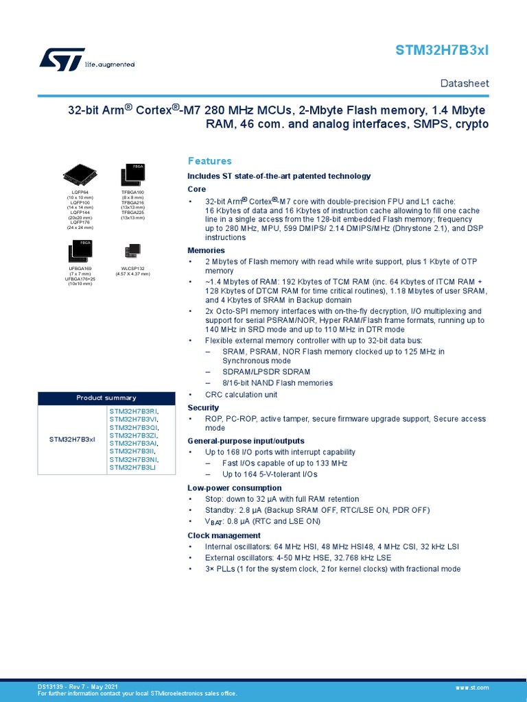 32-Bit Arm Cortex - M7 280 MHZ Mcus, 2-Mbyte Flash Memory, 1.4 Mbyte Ram, 46 Com. and Analog ...