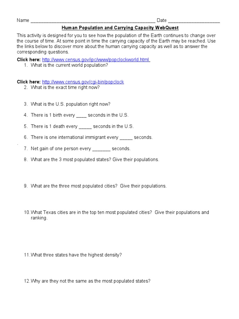 Carrying Capacity Worksheet Environmental Science And Human Population