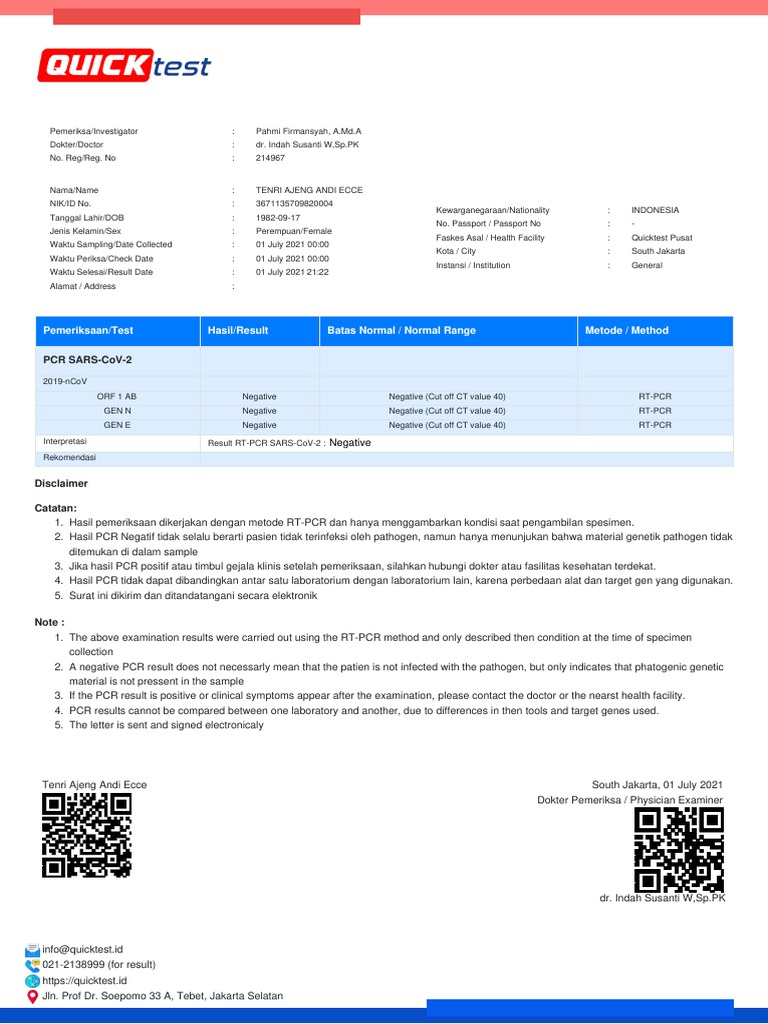 Hasil PCR Test 010720210918 Tenri Ajeng Andi Ecce | PDF | Reverse ...