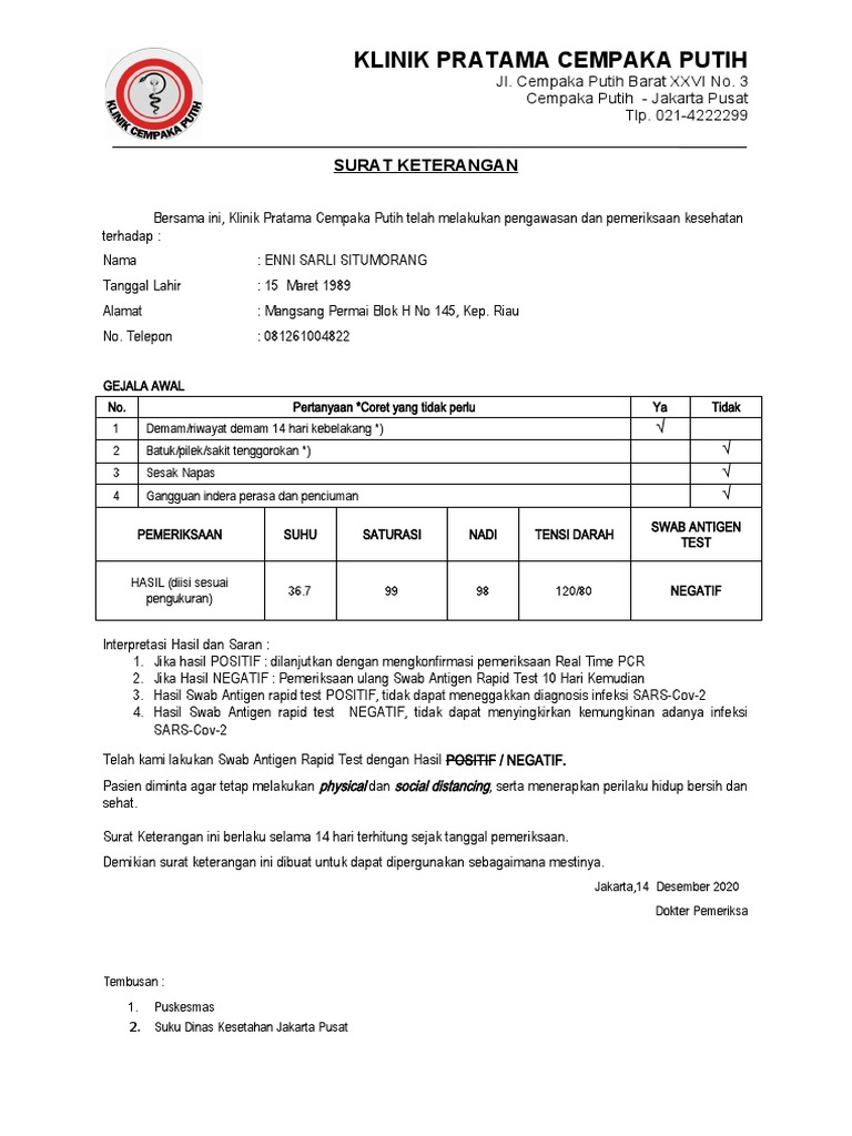 Surat Keterangan Swab Antigen | PDF