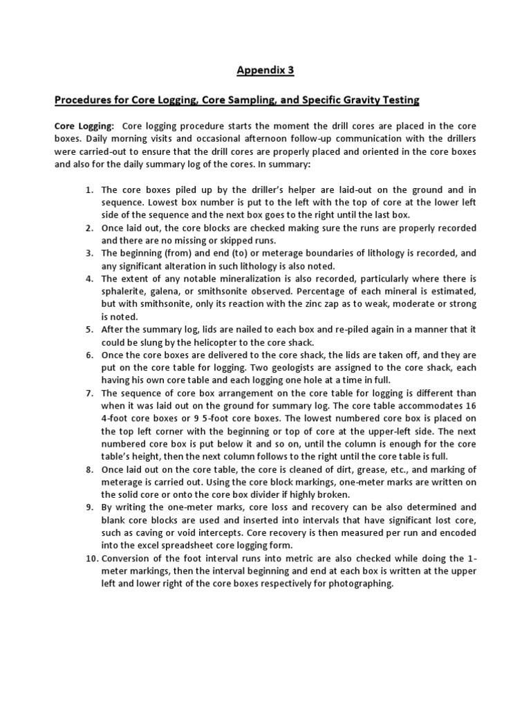 Appendix 3 Procedures For Core Logging, Core Sampling, and Specific ...