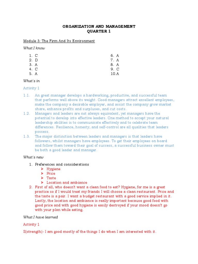 Organization and Management Quarter 1: Module 3: The Firm and Its ...