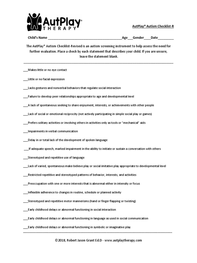 AutPlay Autism Checklist Revised | PDF | Autism Spectrum | Human Life ...