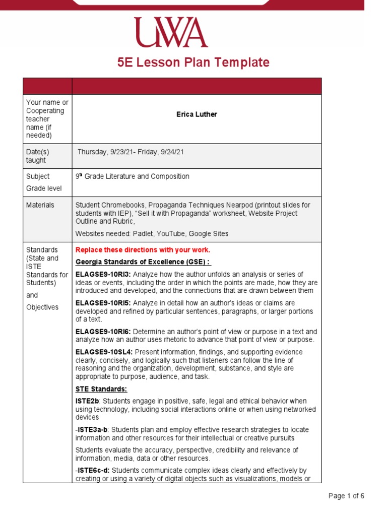 5E Lesson Plan Template: Replace These Directions With Your Work | PDF ...