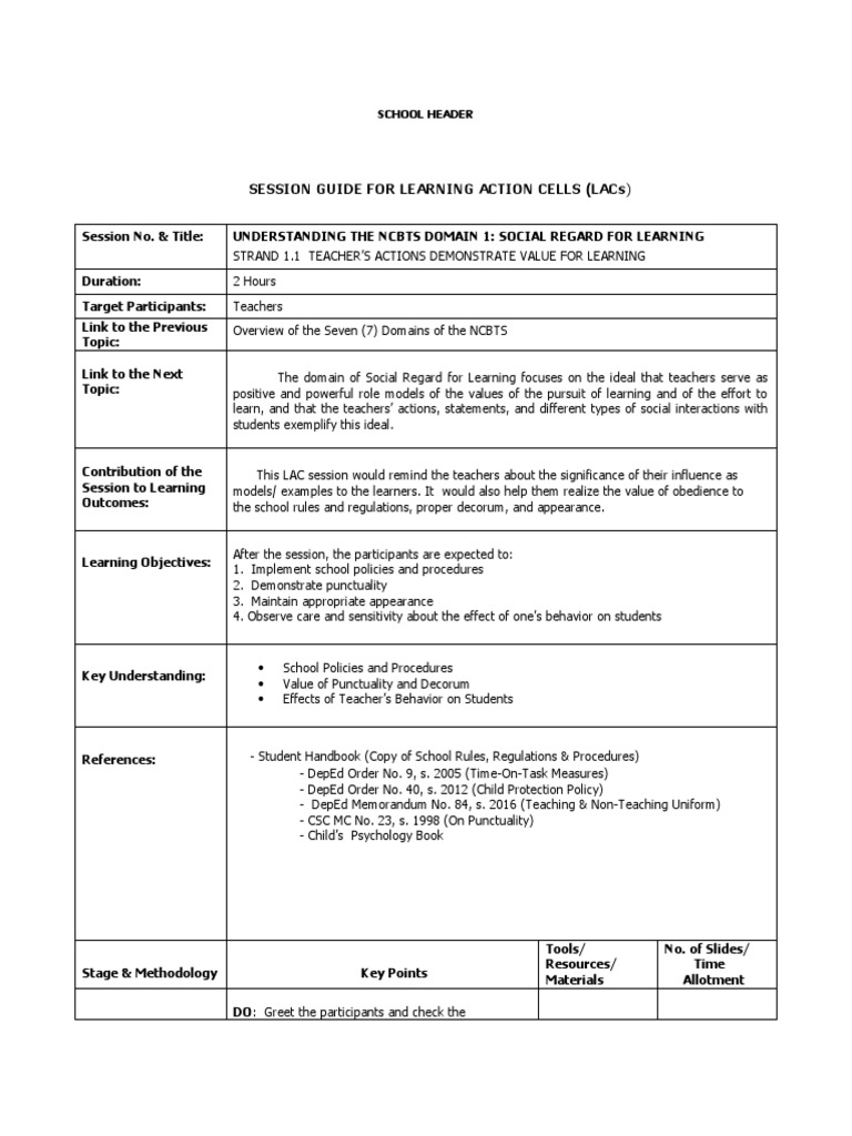 Session Guide For Learning Action Cells (Lacs) : School Header | PDF ...