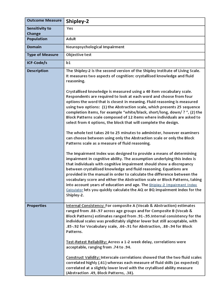 Shipley-2: Outcome Measure Sensitivity To Change Population Domain Type ...