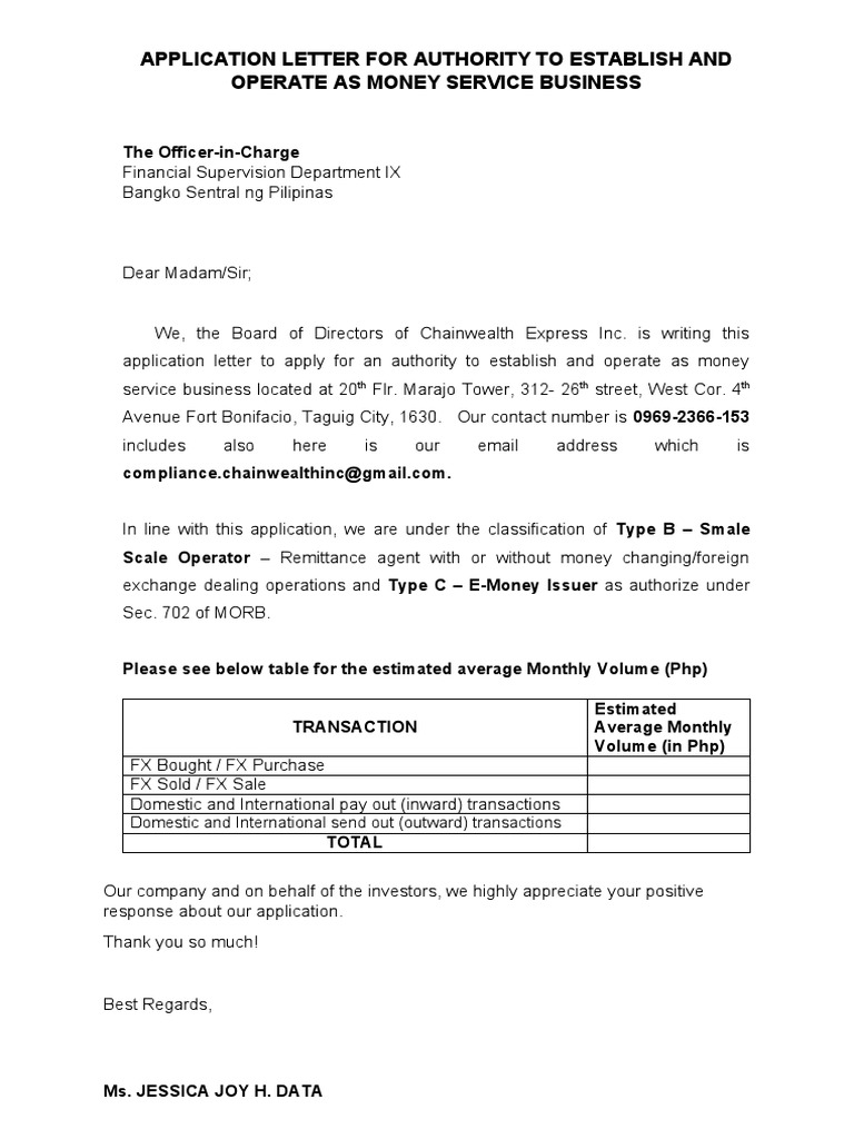 Application Letter For Authority To Establish and Operate As Money ...