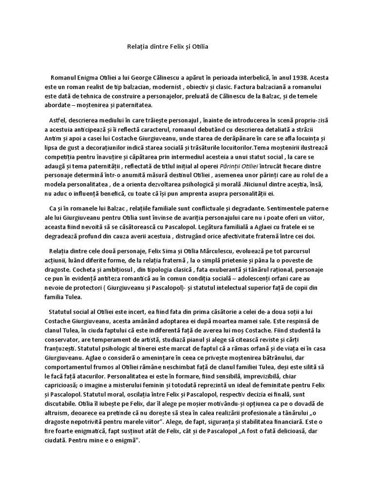 Relația Dintre Felix Și Otilia | PDF