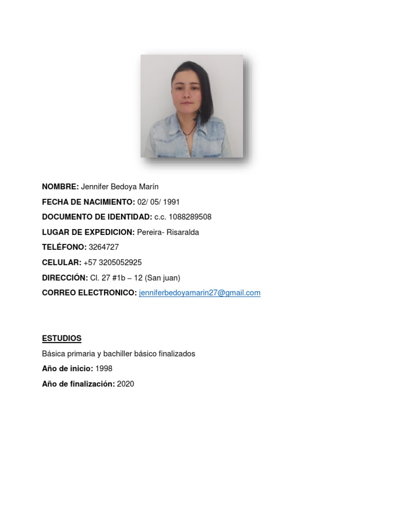 Hoja de Vida (Jennifer Bedoya Marín) | PDF | Crecimiento personal y ...