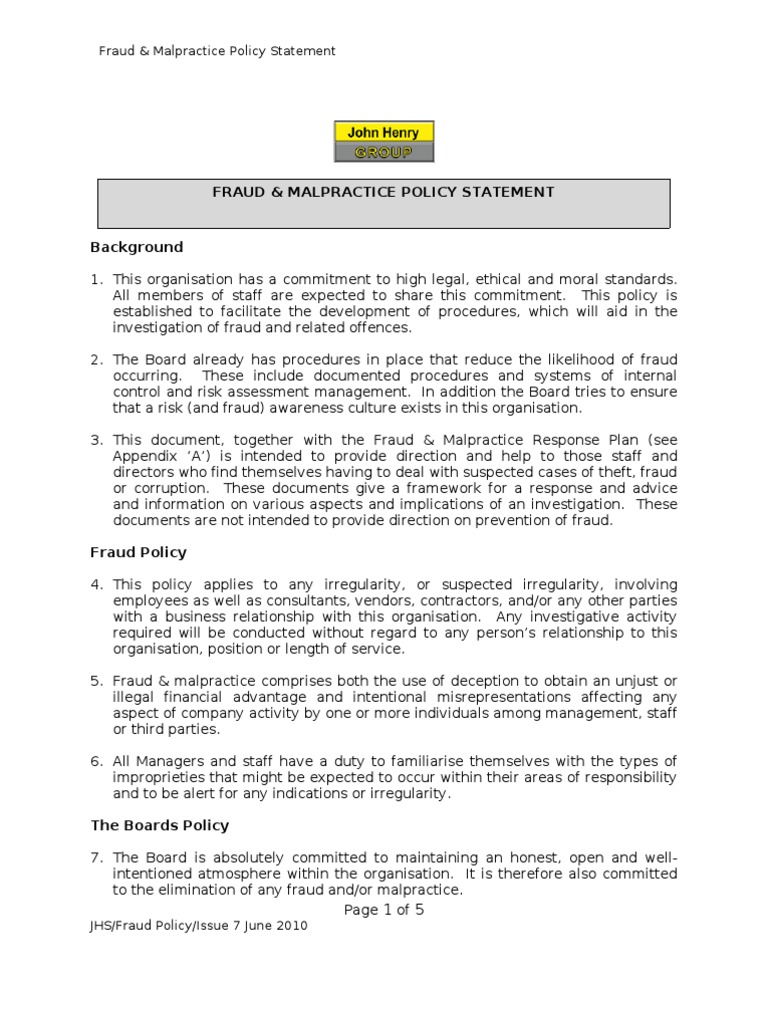 Fraud & Malpractice Policy Statement | PDF | Fraud | Board Of Directors