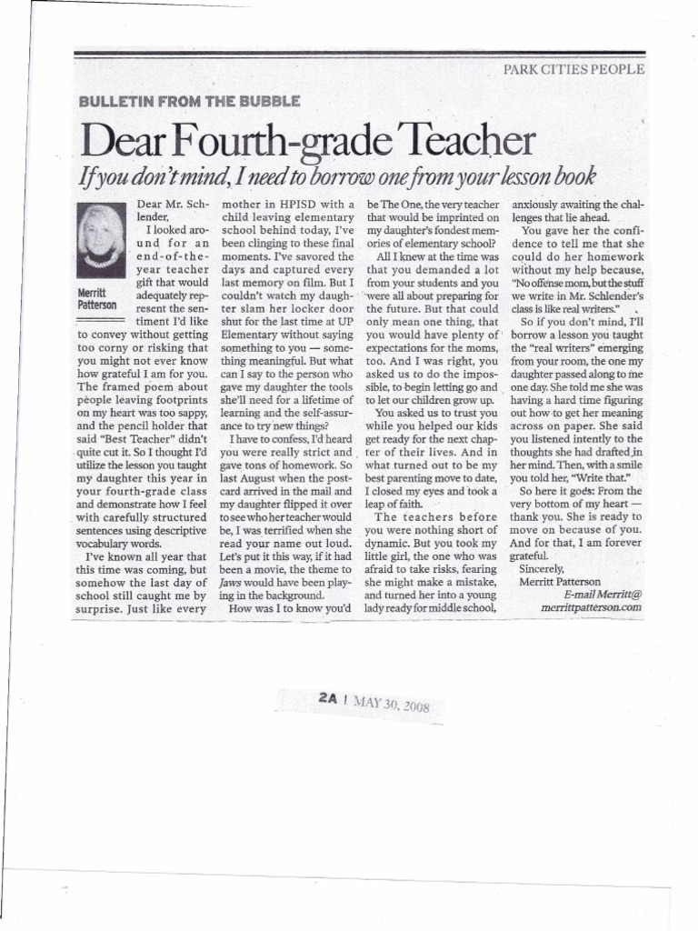 05-30-08 Dear Fourth-Grade Teacher | PDF