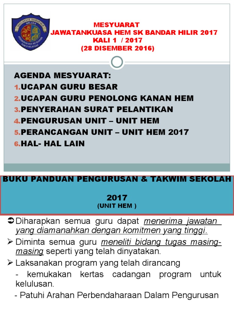 Contoh Taklimat Mesyuarat Guru Awal Tahun Untuk Pengurusan HEM SKBH | PDF