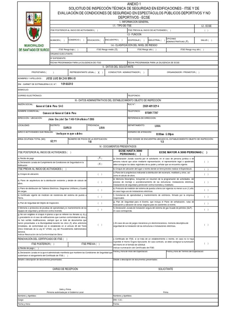 Anexo 1 Solicitud de Inspeccion Tecnica de Seguridad en Edificaciones | PDF