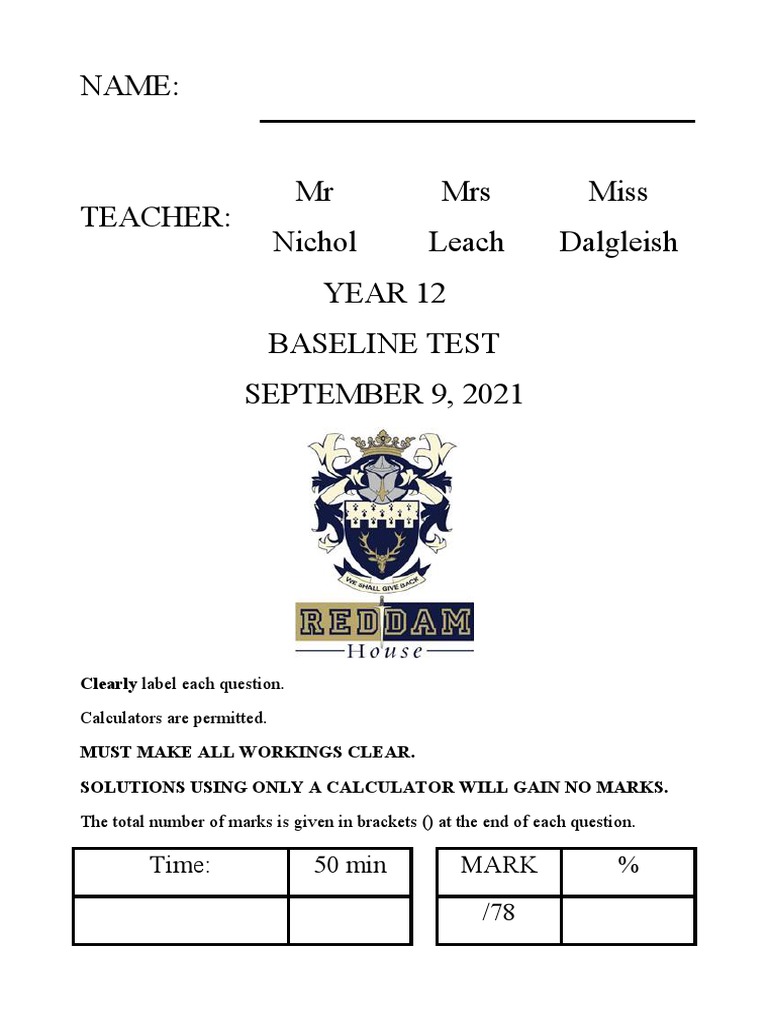 Year 12 Baseline Mathematics Test: September 9, 2021 | PDF | Equations ...