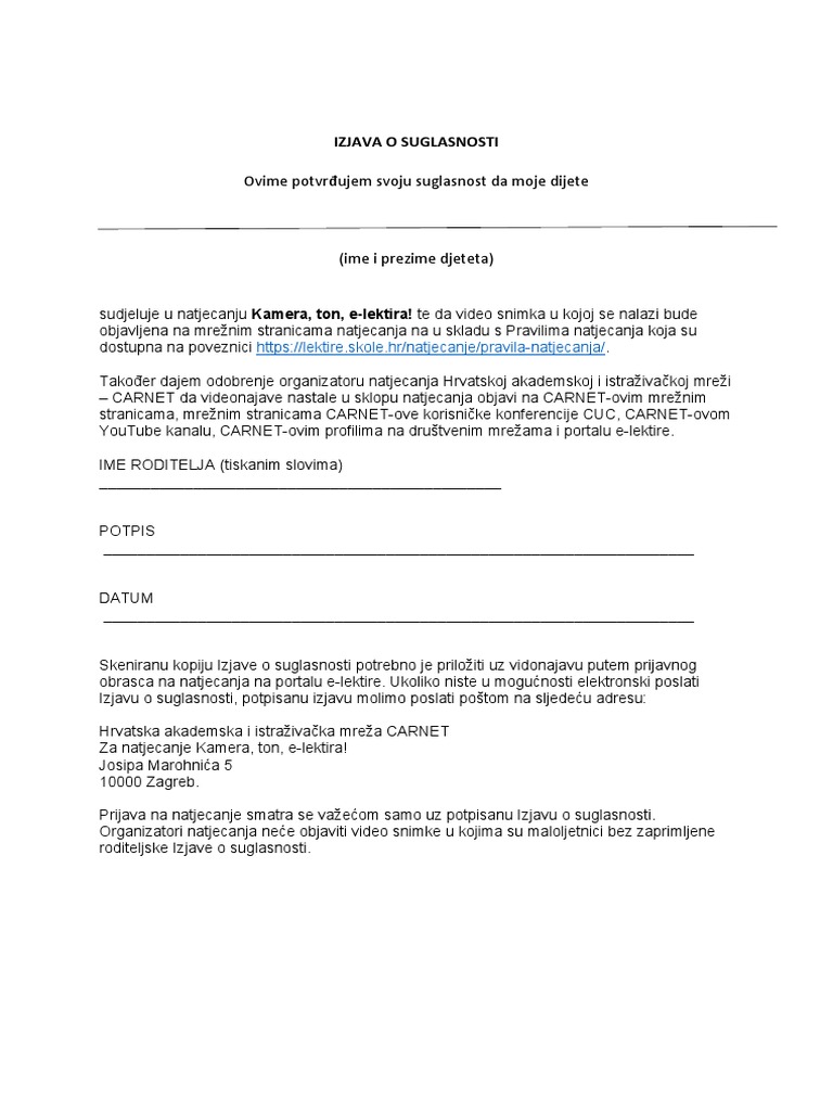 Izjava o Suglasnosti Natjecanje Predlozak | PDF