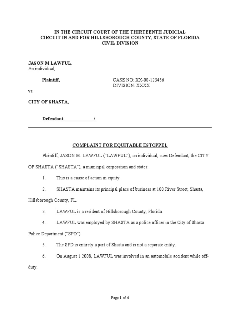Complaint for Equitable Estoppel Case | PDF | Lawsuit | Public Law