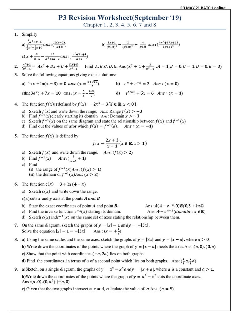 P3 JAN 21 Revision Worksheet All Chapters | PDF | Function (Mathematics ...